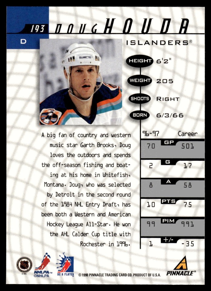 1997 Pinnacle Be a Player Doug Houda #193 New York Islanders 23A | eBay