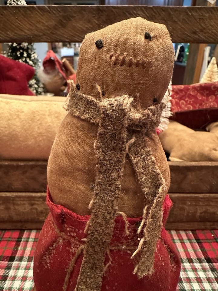 Primitive Folk Art Snowman Doll On Wood Base 8.5” Tall Handmade | eBay