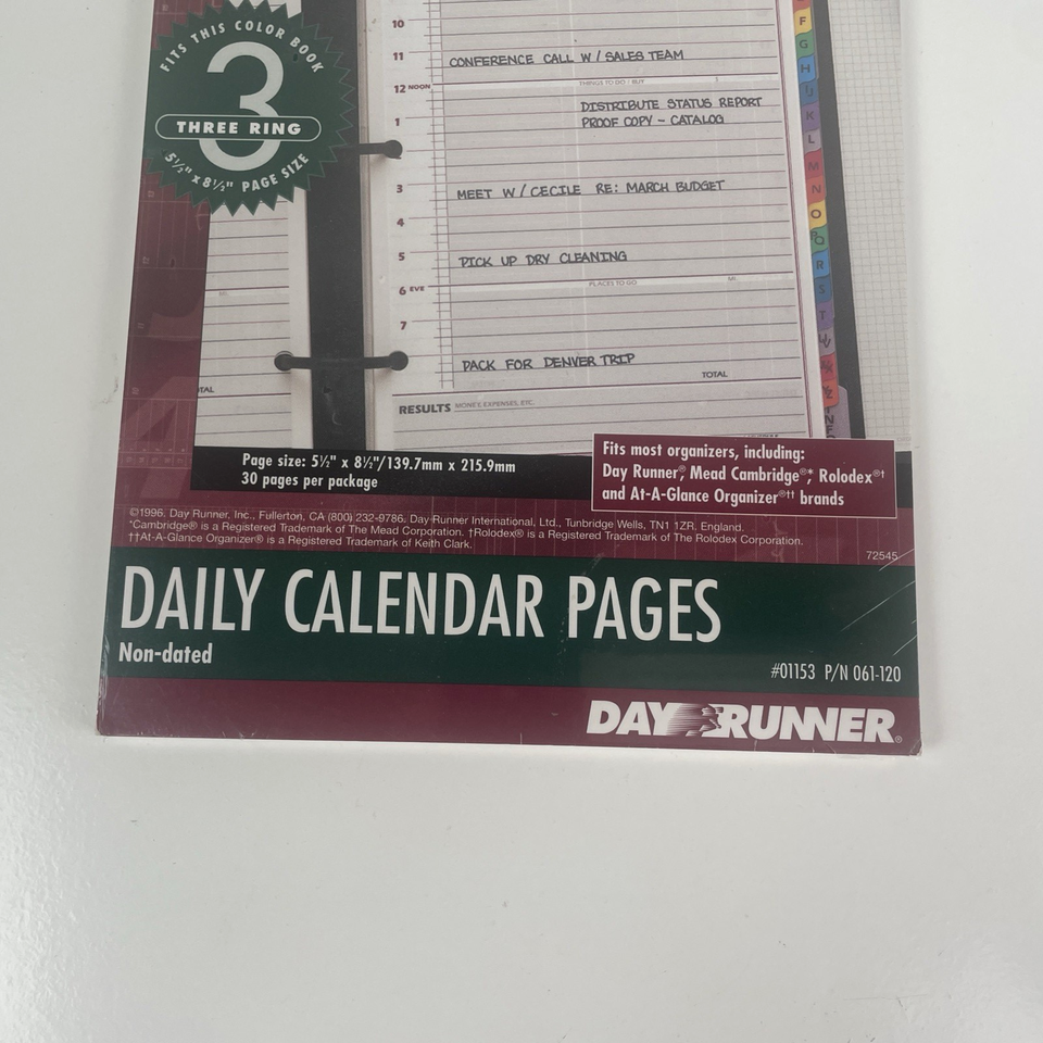 Day Runner Daily Calendar Pages 5.5 " x 8.5" - Refill Pages 3 Ring Non ...