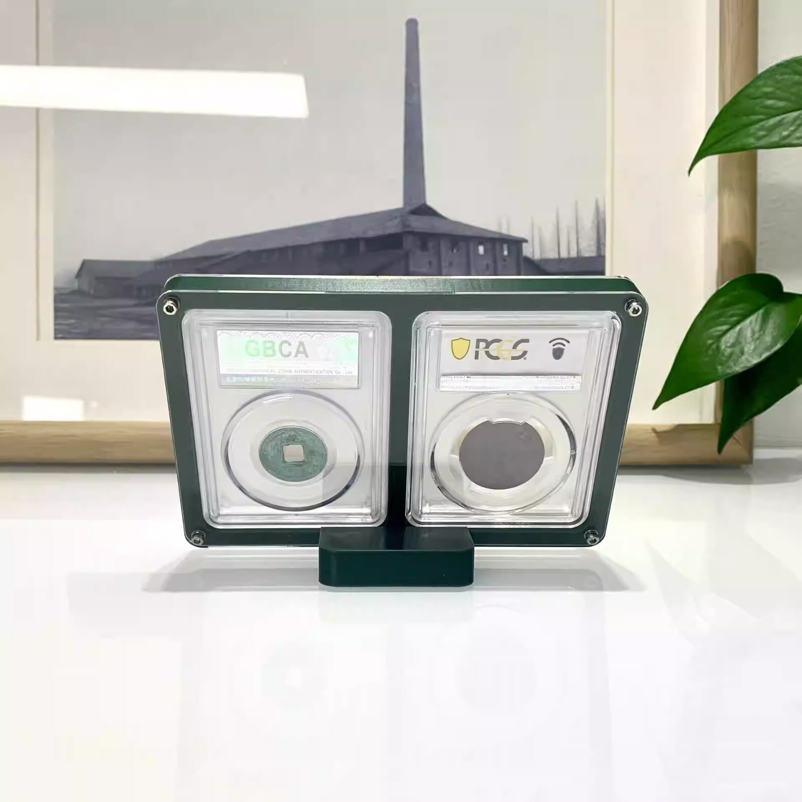 2 Grids Green Color Display Frame Case Box with Stand For PCGS/ICG Coin ...