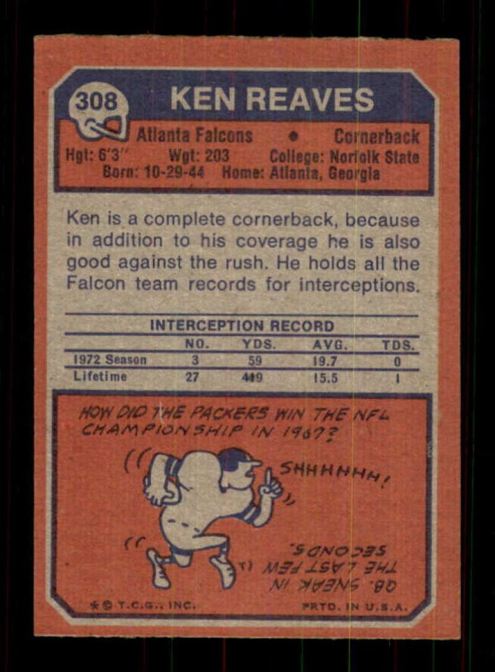1973 Topps #308 Ken Reaves EXMT/NM Falcons 239255 | eBay