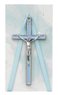 Silver Oxidized Blue Enamel Crib Cross 3.75 Inch INRI Crucifix with ...