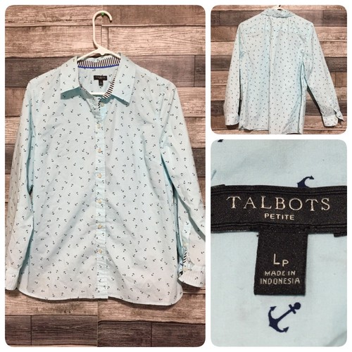 Talbots Petites Anchor Print Nautical Button Up Shirt Women’s LP Blue ...