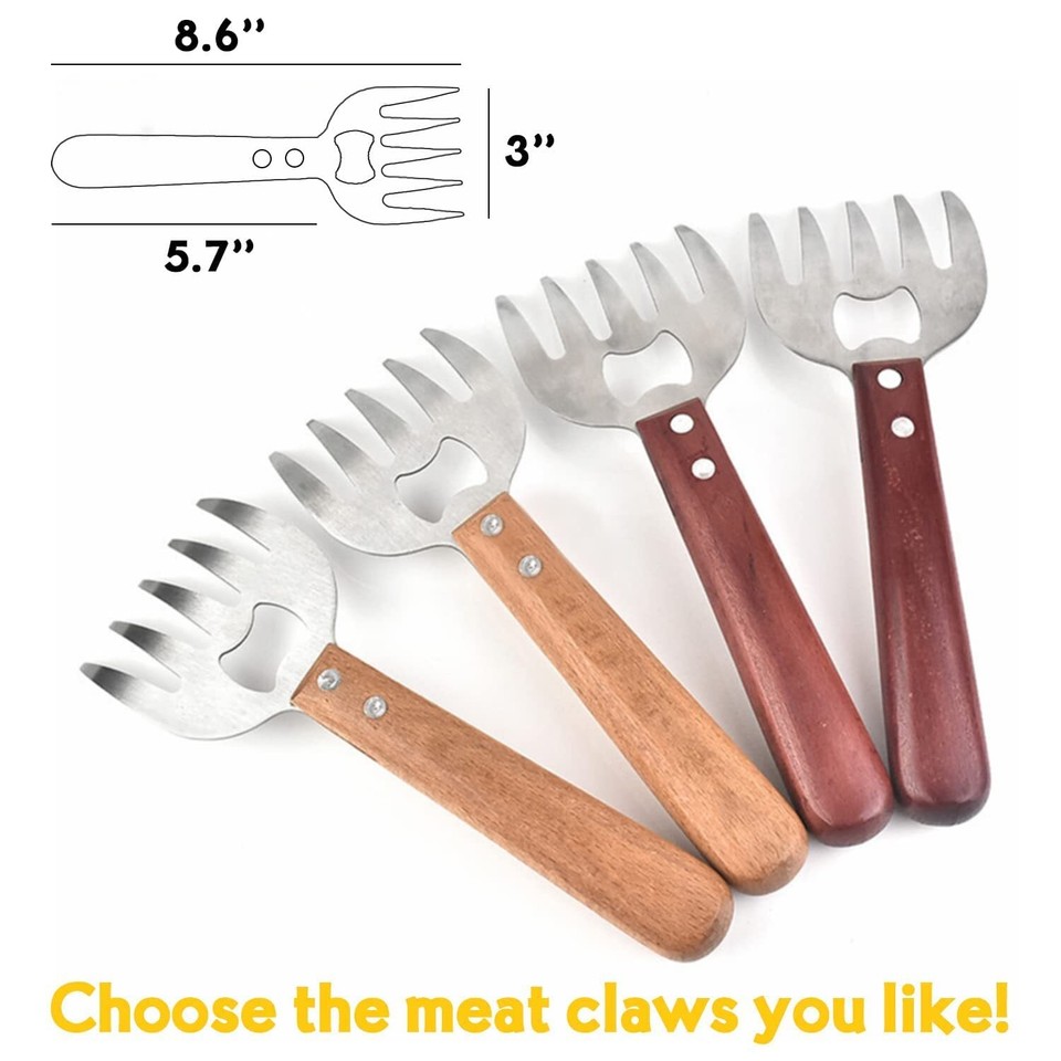 2 Pack Stainless Steel Meat Shredding Claws with Long Wooden Handles ...