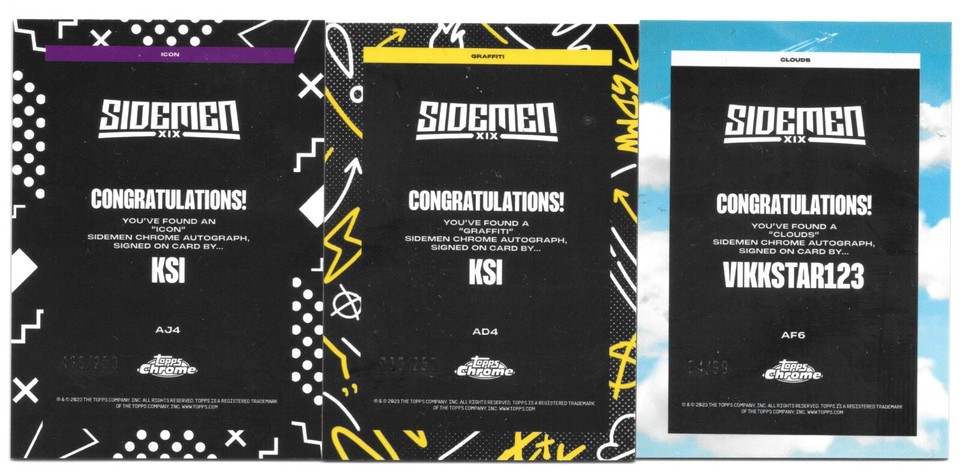 KSI VIKSTARR 123 SIDEMEN TOPPS CHROME AUTOGRAPH LOT (3) AUTOS 2 BY KSI ...