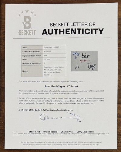 BLUR BAND SIGNED AUTOGRAPH PHOTOGRAPH & Ballad CD BAS Beckett COA Damon ...