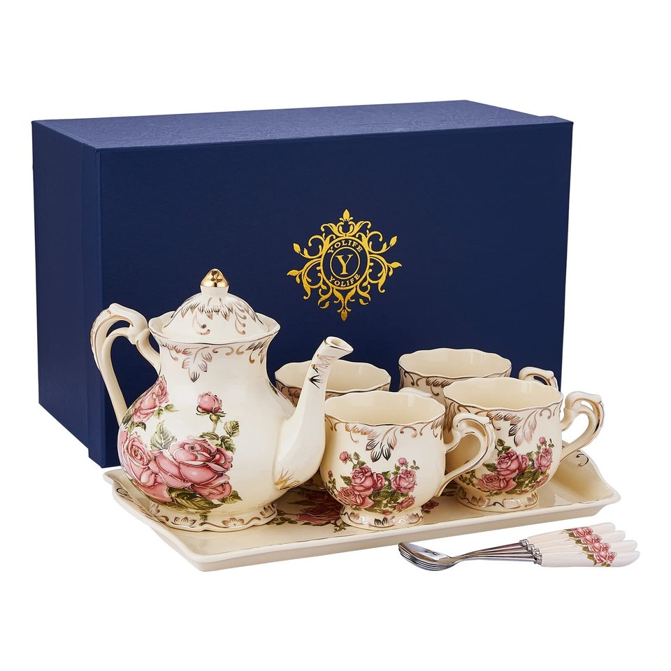 Porcelain Tea Set Vintage Rose Tea Cups With Teapot Serving Tray And ...