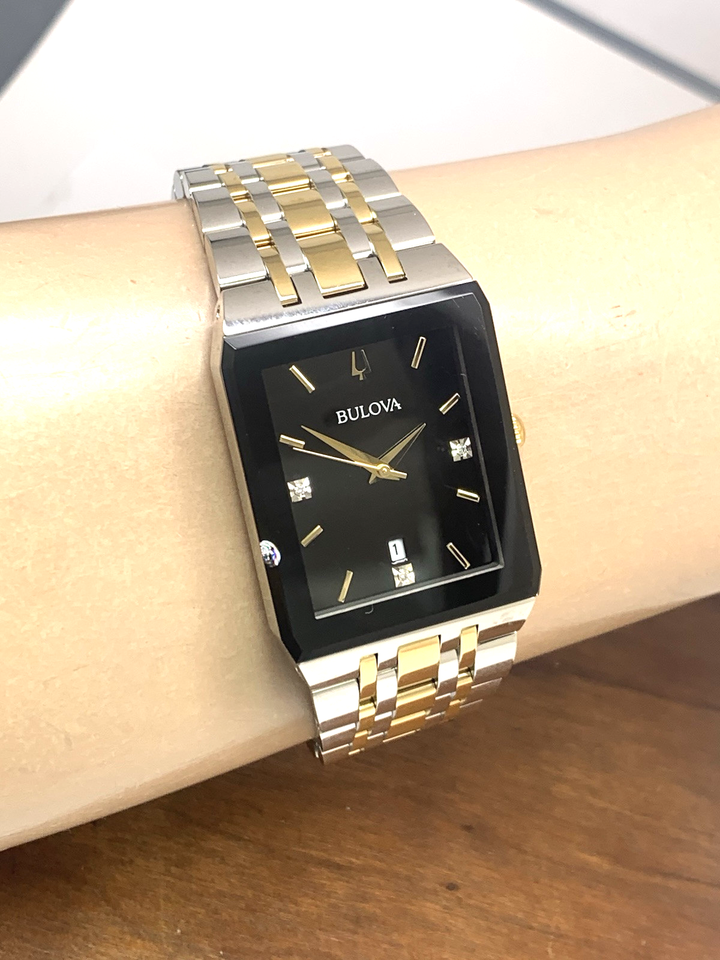 Bulova Men's Watch 98D153 Black Dial Diamond Accent Rectangle Two Tone ...