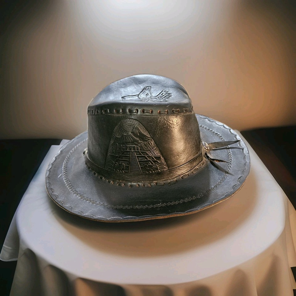Black Leather Hand-Made Cowboy Hat w/Embossed Buck, RR Track, Mountains ...