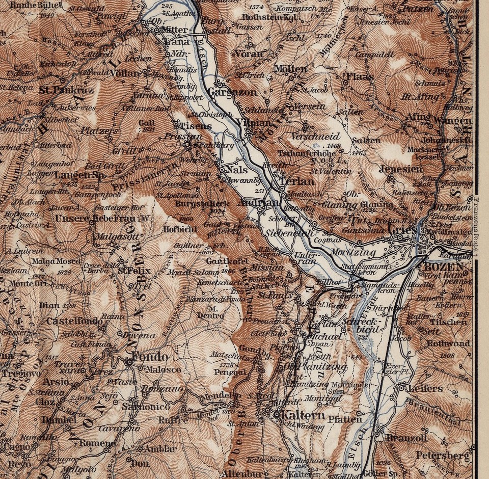1910 ANTIQUE MAP OF ETSCHTAL ETSCH ULTEN VALLEY BOLZANO MERANO AUSTRIA ...