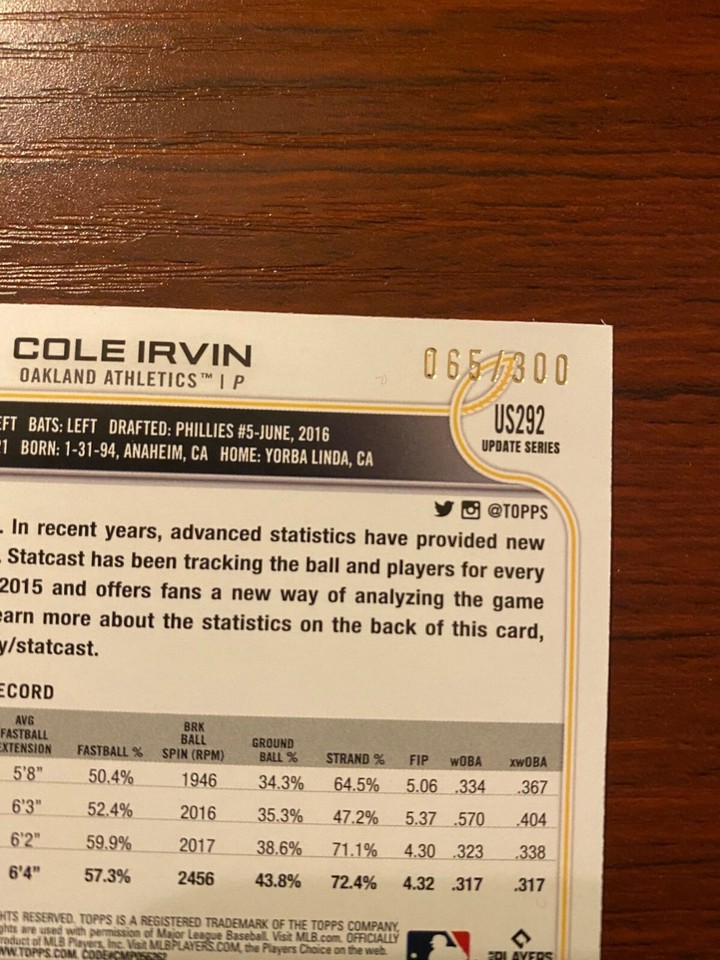 2022 Topps Update COLE IRVIN Advanced Stats parallel #US292. #d/300- A ...