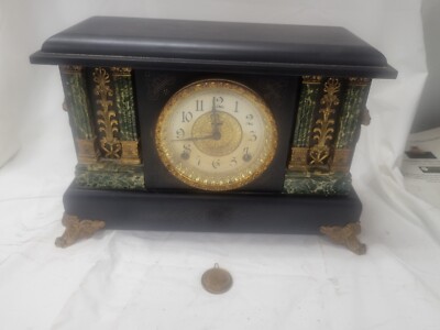 Antique Ingraham 4 Column Lion Head Green Faux Marble Mantle Clock ...