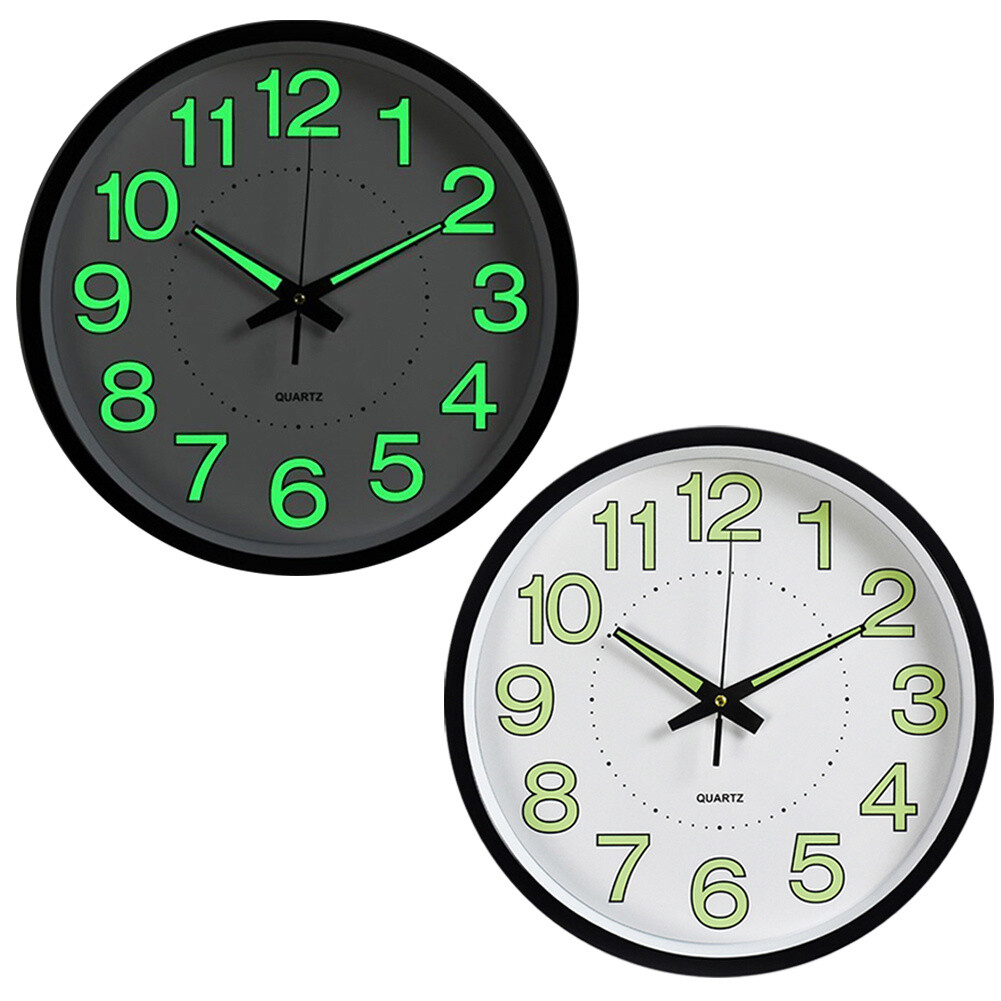 12inch Standard Round Wall Clock Digital Quartz Luminous Clocks Glow In ...