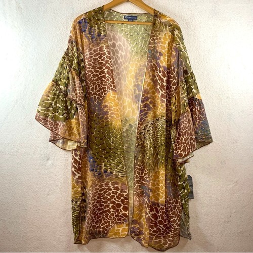 Democracy Sheer Boho Duster Kimono L/XL Earthy Ruffle Sleeves Animal ...