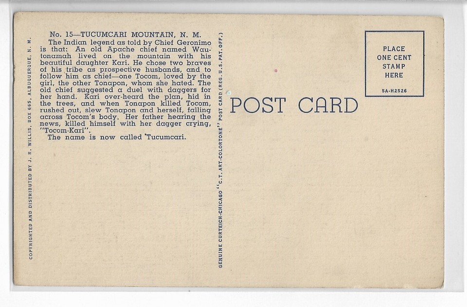 VTG POSTCARD - Tucumcari Mountain, New Mexico - Indian Legend | eBay