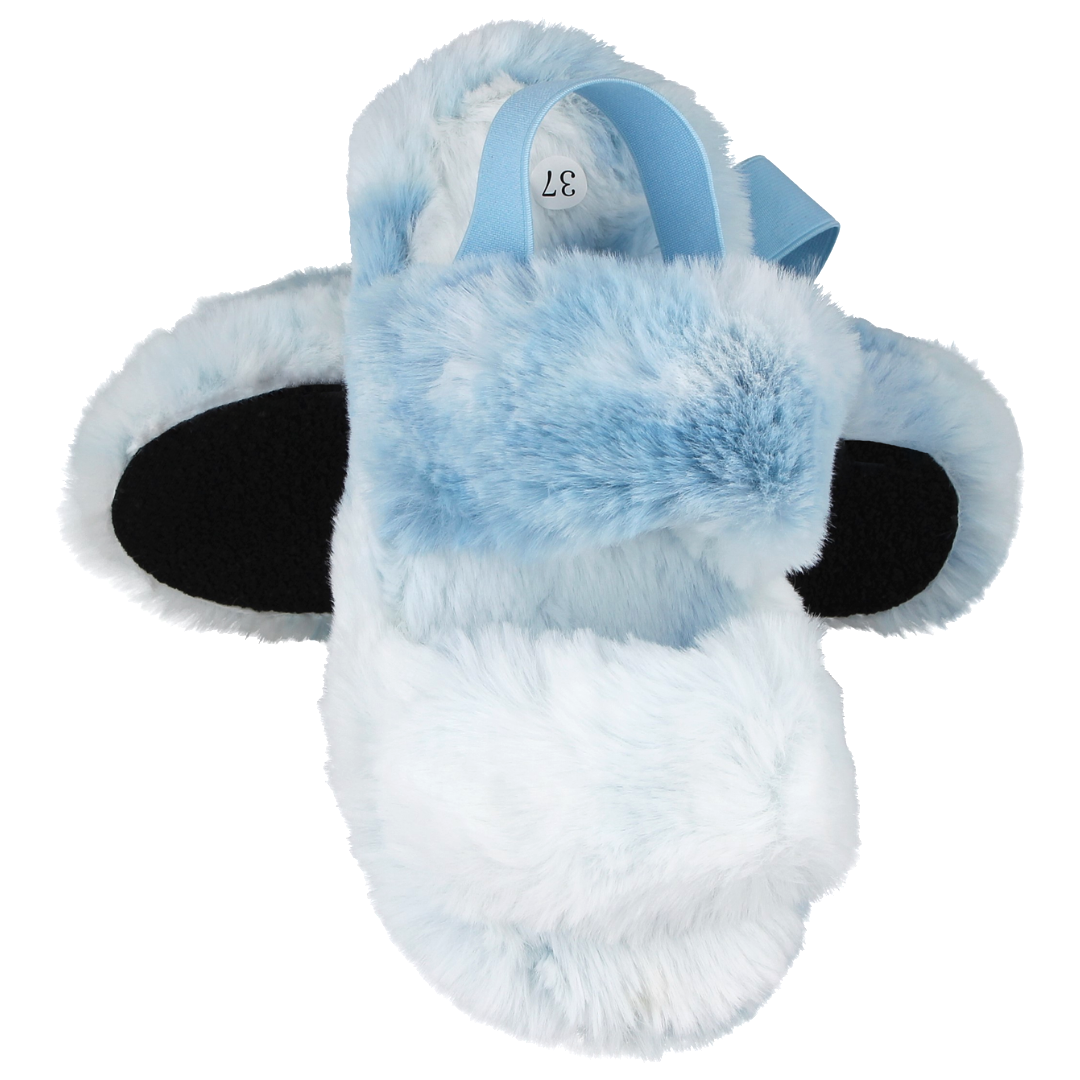 Ladies Fluffy Faux Fur Double Strap Elastic Slingback Slider Slippers ...