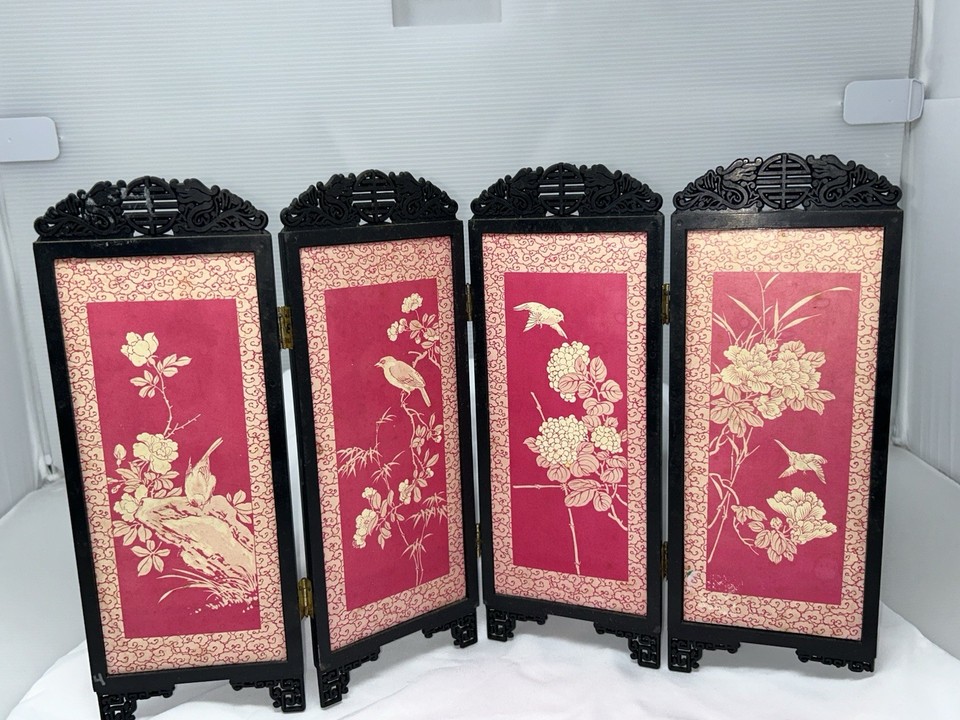 Vtg Mini Asian 4 Panel Folding Table Top Screen Divider Peacock Cherry ...