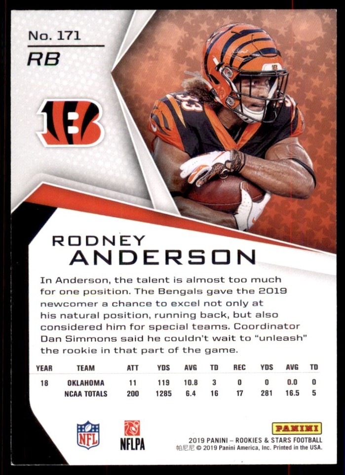 2019 Rookies and Stars Rodney Anderson Rookie Cincinnati Bengals #171 ...