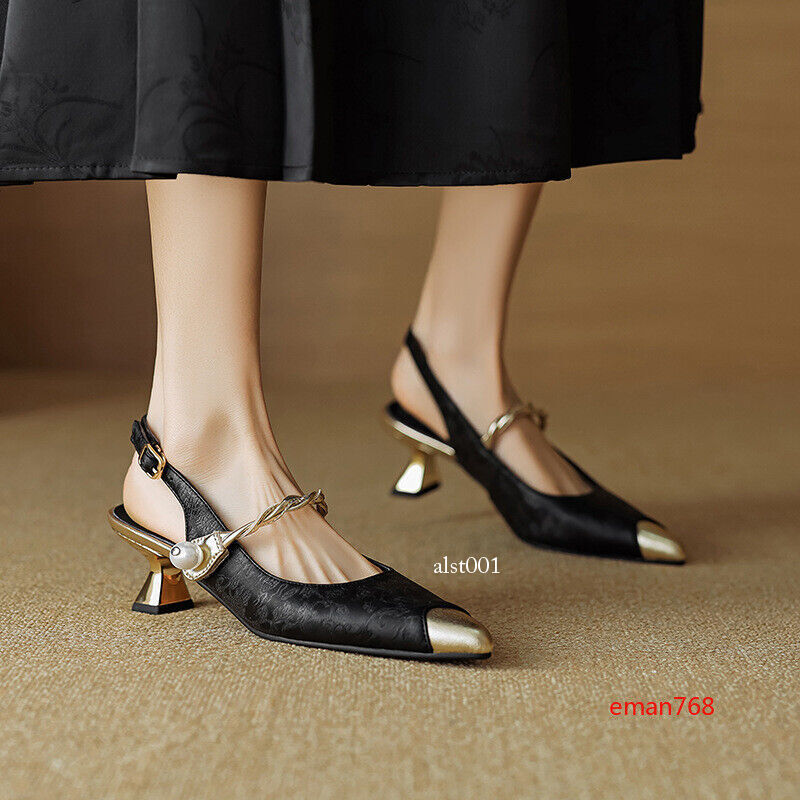 Women Chinese Style Pointed Toe Sandals Summer Kitten Heel Slingback ...