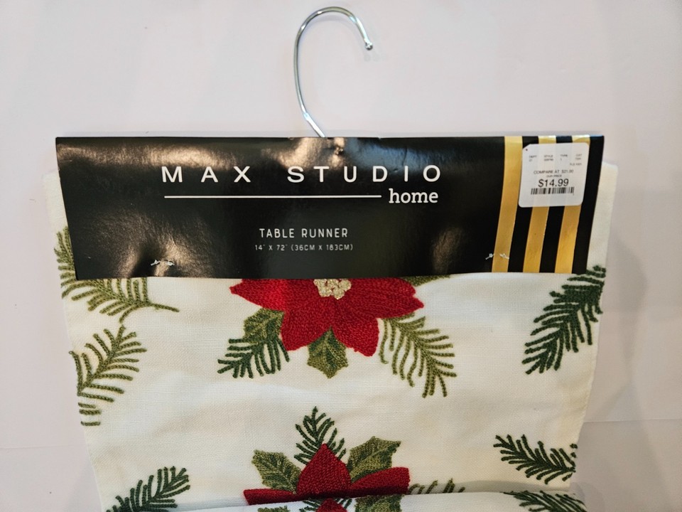 Max Studio Home Christmas Table Runner Red Poinsettias & Green Pine Needle 14x72 | eBay