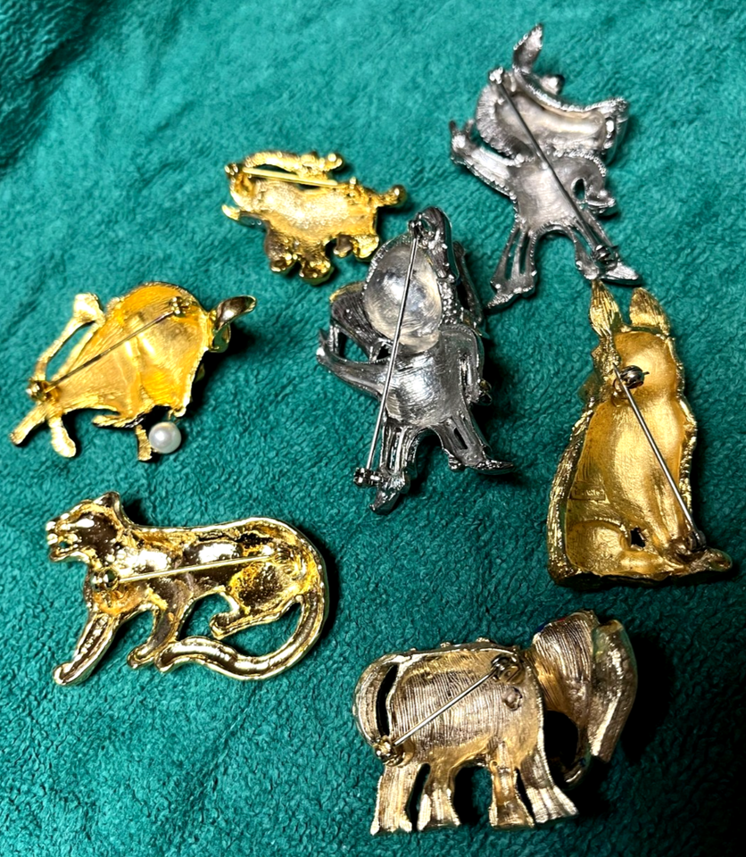 Unique Metal Animal Pins, Lot of 7, Elephants (3), Leopard, Bull ...