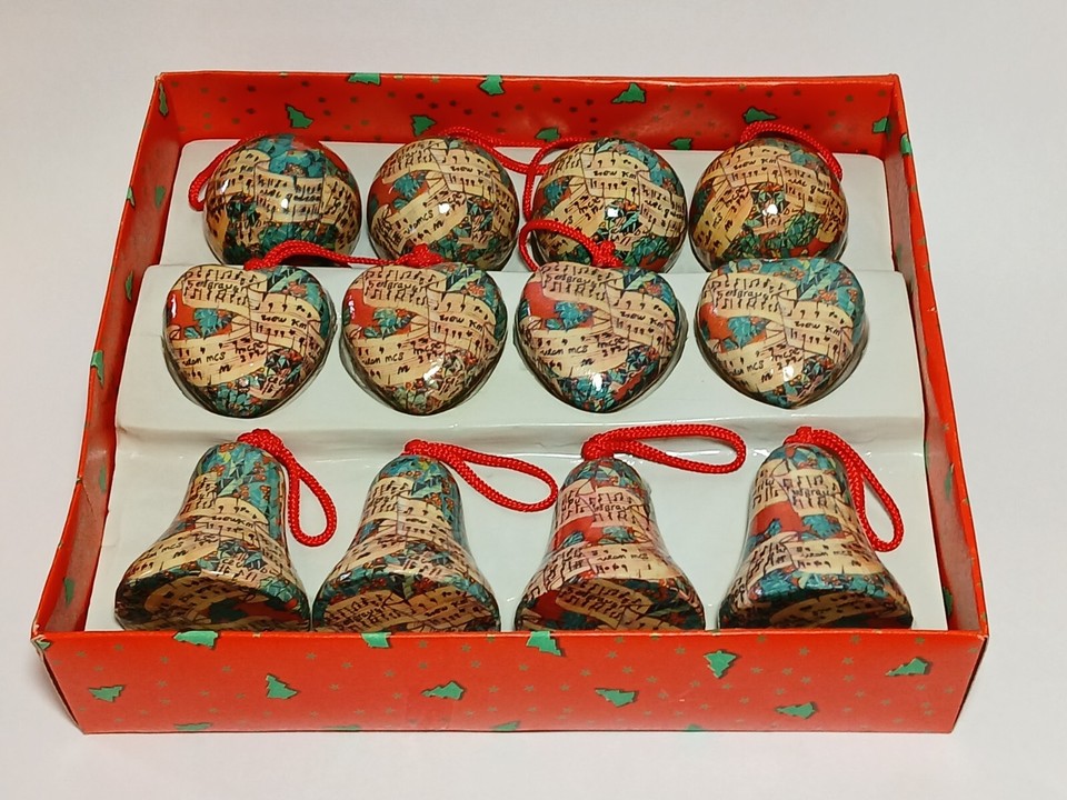 Vintage Christmas Ornaments 12 Paper Mache Bells Hearts & Spheres ...