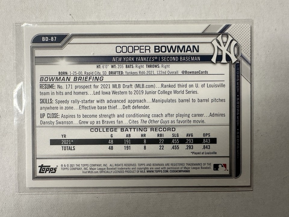 Cooper Bowman RC 2021 Bowman Draft #BD87 1st Bowman Rookie Yankees | eBay