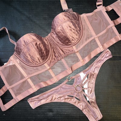 Victoria's Secret 32C CORSET TOP BRA SET S cutout thong quilt BROWN ...