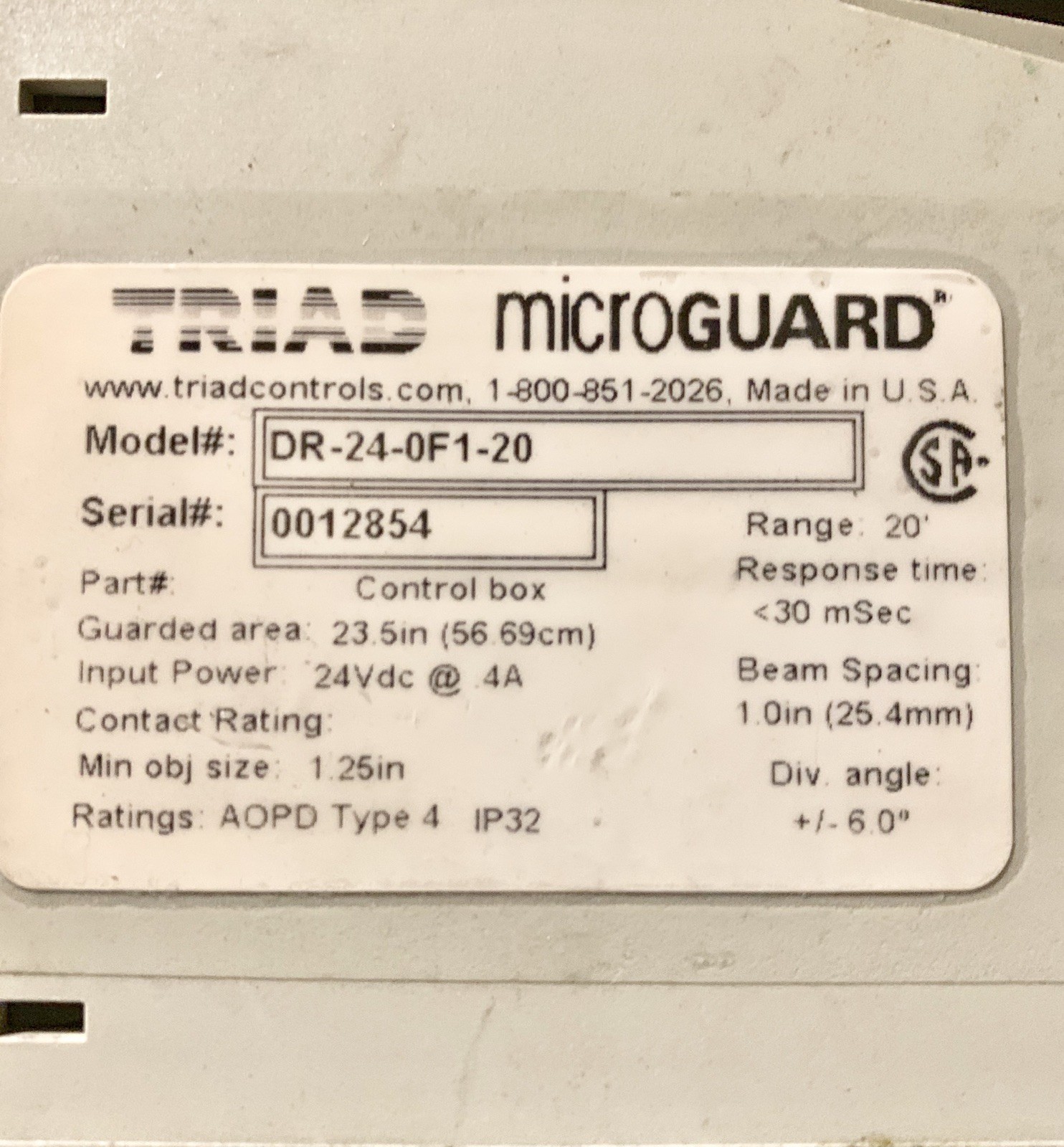 TRIAD Microguard DR-24-0F1-20 Light Curtain Control Box In Excellent ...
