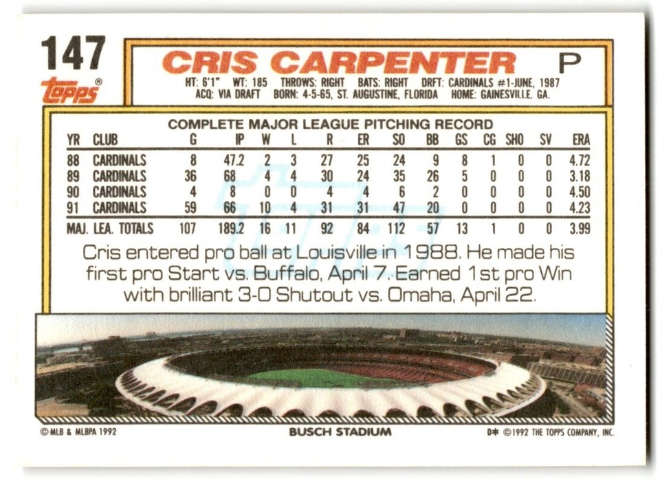 1992 Topps Cris Carpenter St. Louis Cardinals #147 | eBay