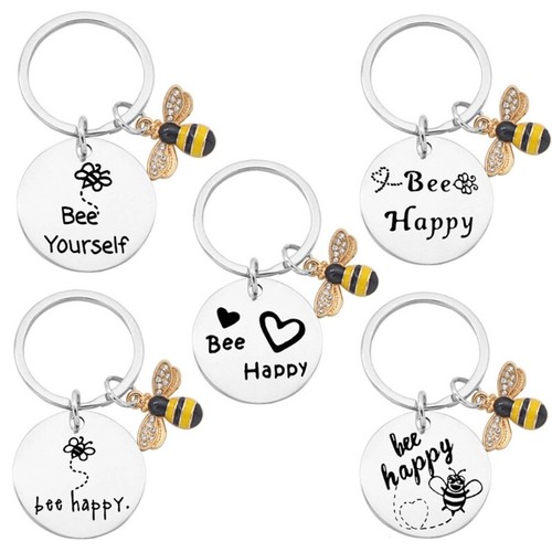 Stainless Steel Keyring Crystal Bees Happy Keychain Handbag Ornament ...