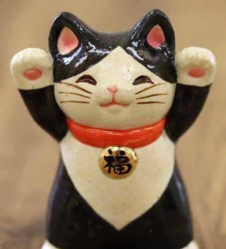 Japanese Handmade Lucky Cat Maneki Neko Black White Hachi Pottery SETO ...