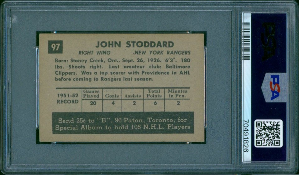 JACK STODDARD Signed 1952-53 Parkhurst #97 RC Rangers PSA 6 Authentic ...