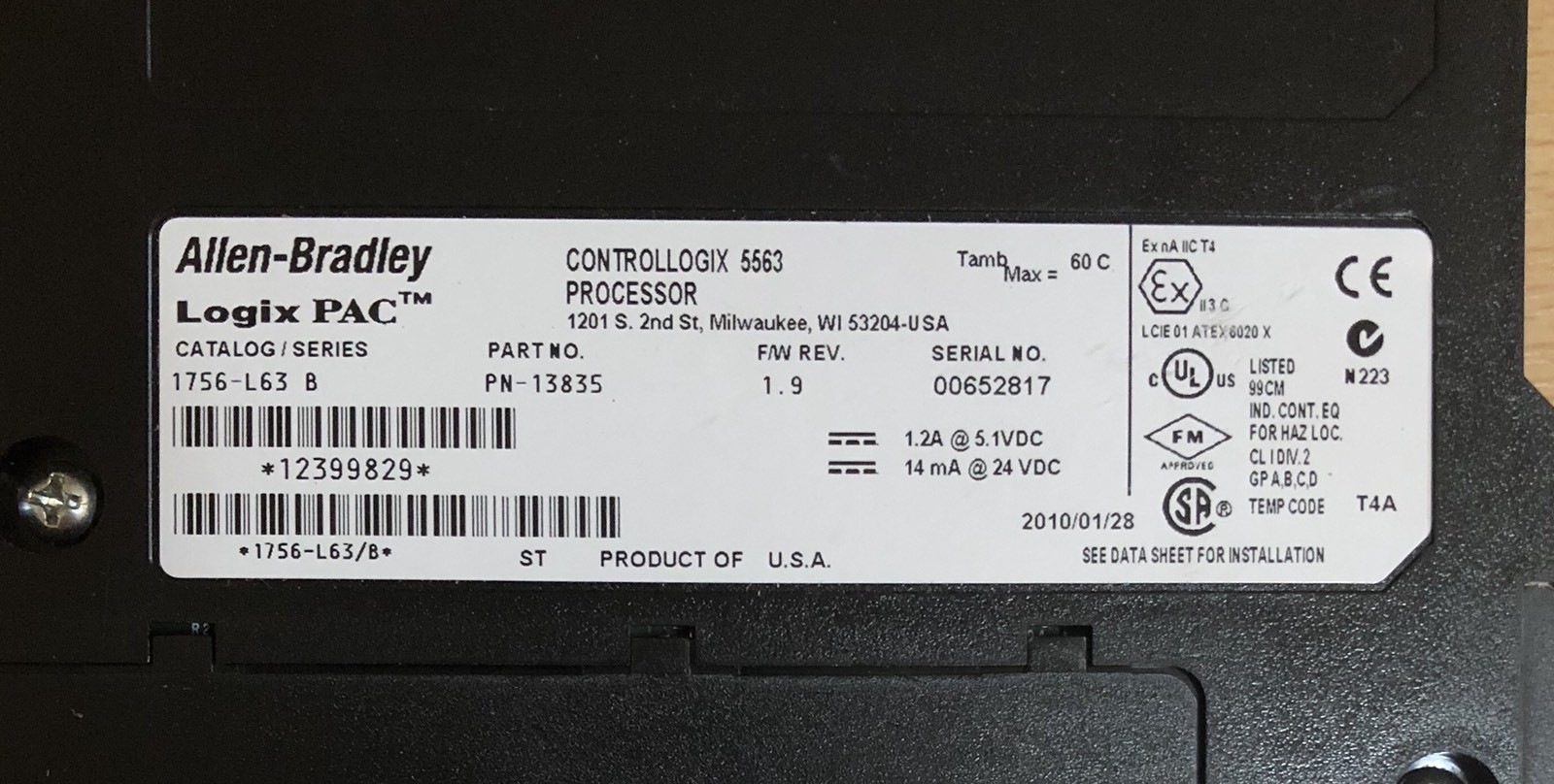 ALLEN-BRADLEY CONTROLLOGIX 5563 PROCESSOR 1756-L63, LOGIX PAC ...