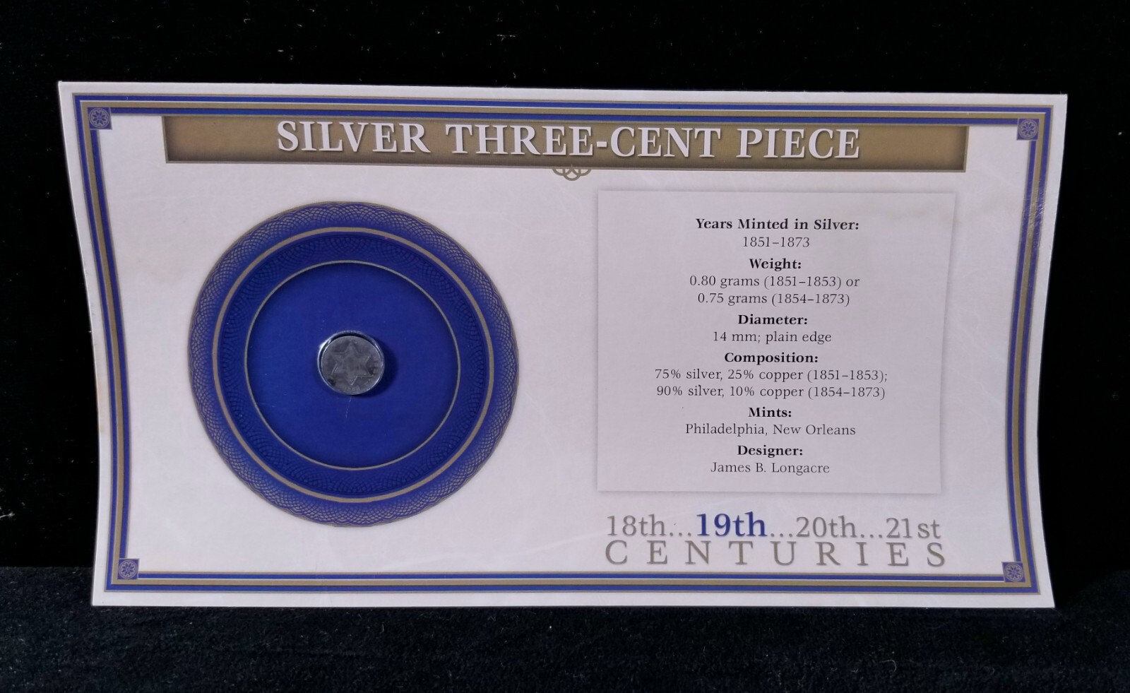 Antique 1858 Silver 3 Cent Piece 3c Encased In Laminated Information ...