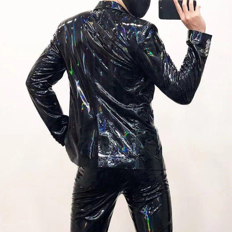 Men's Laser Holographic Shiny Faux Leather Blazer Jacket Coat Party ...