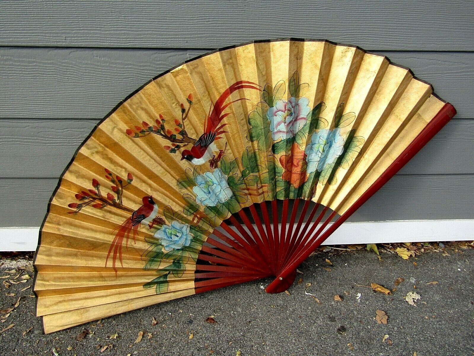 Vintage Large Asian Japanese Wall Art Fan Birds Floral Hand Painted 52 ...