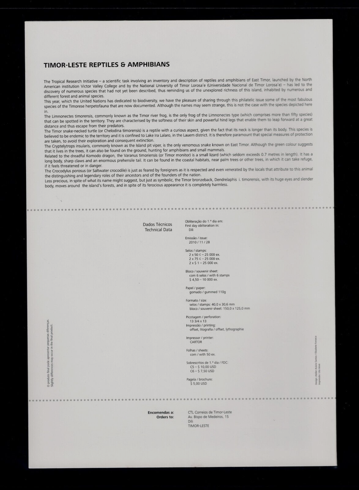 Timor Leste. 2010. East Timor. Reptiles brochure. NEW DISCOVERY. frog ...