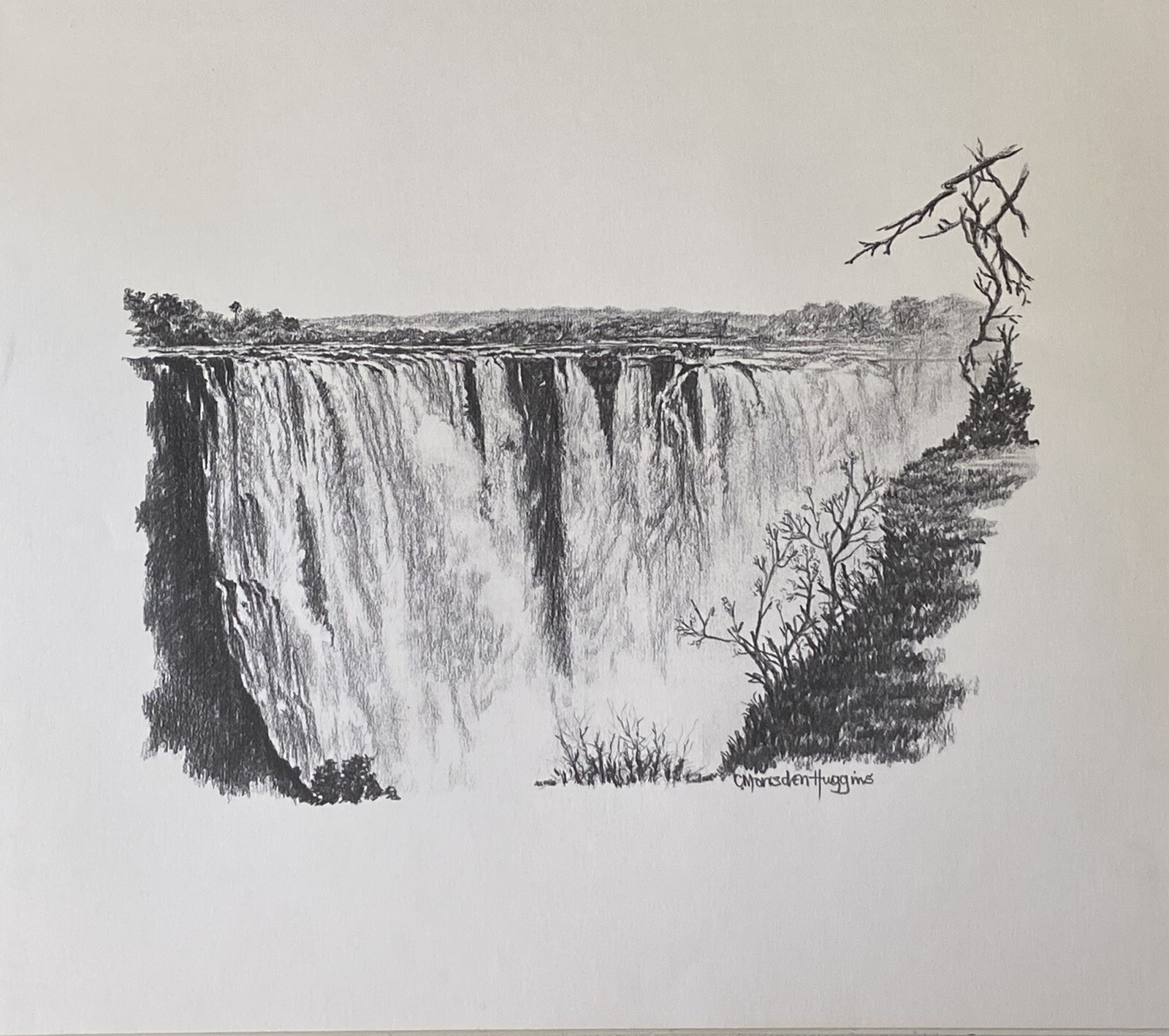 VINTAGE PENCIL PRINT BY ARTIST C. MARSDEN HUGGINS AFRICAN Waterfall ...