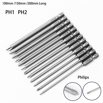 Magnetic PH1 PH2 Phillips Head Screw Bit Extra Long Impact Driver Drill ...