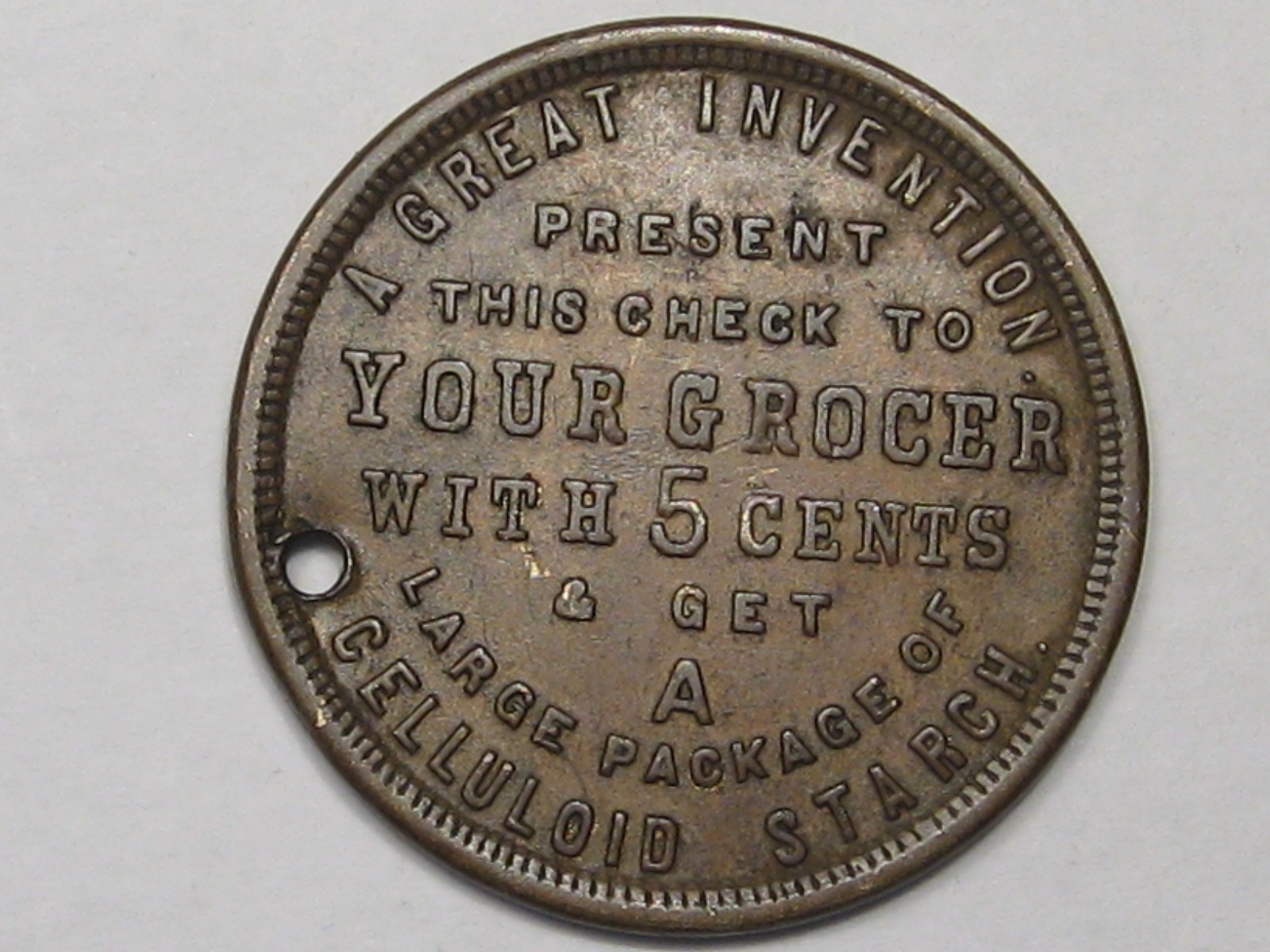 Trade Token: The Celluloid Starch Co. G/F 5¢ (w/ Hole). #27 | eBay