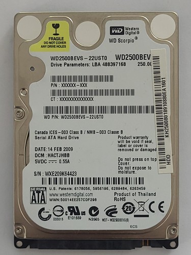 WD2500BEVS-22UST0, DCM: HACTJHBB, FEB 2009, Western Digital 250Gb 2.5 ...