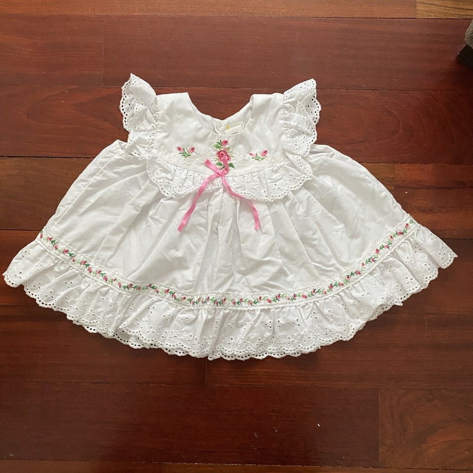 Vintage Cradle Togs Baby Girls Dress White Eyelet Embroidered Roses Flowers | eBay