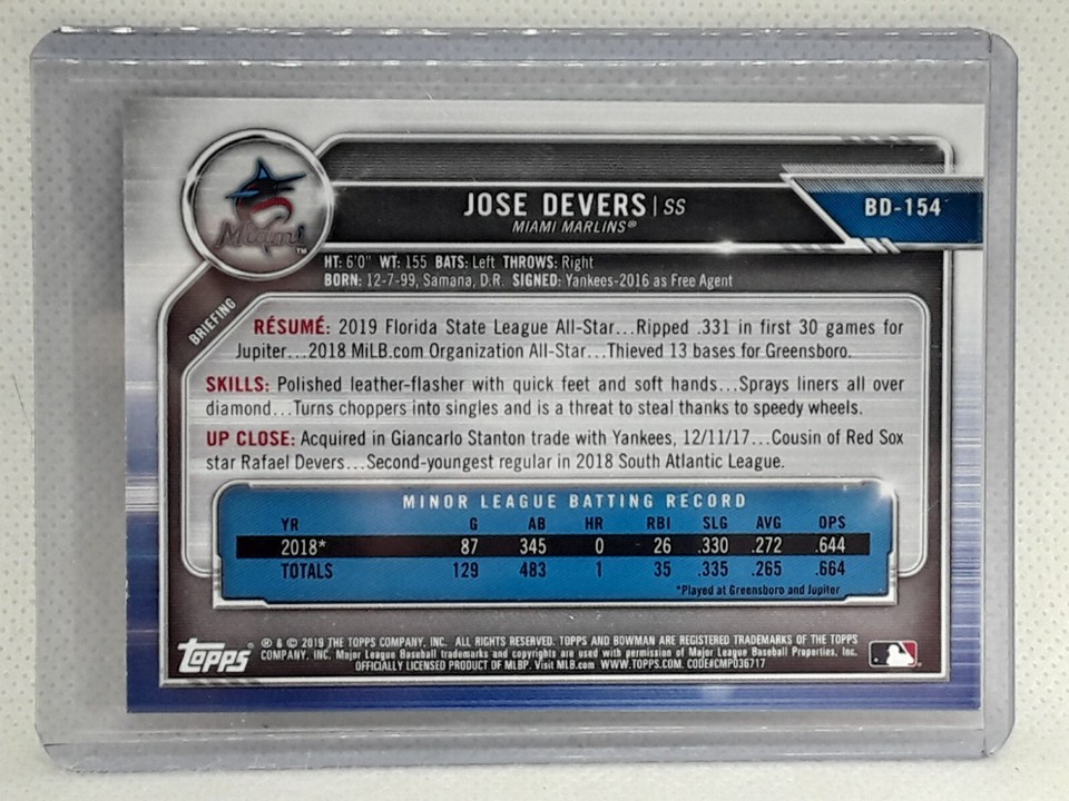 Jose Devers 2019 Bowman Draft Baseball - #BD-154 - Miami Marlins | eBay