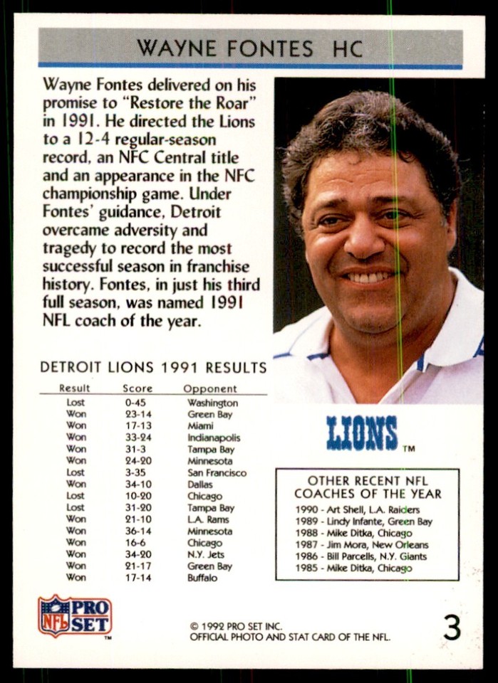 1992 Pro Set Wayne Fontes Detroit Lions #3 | eBay