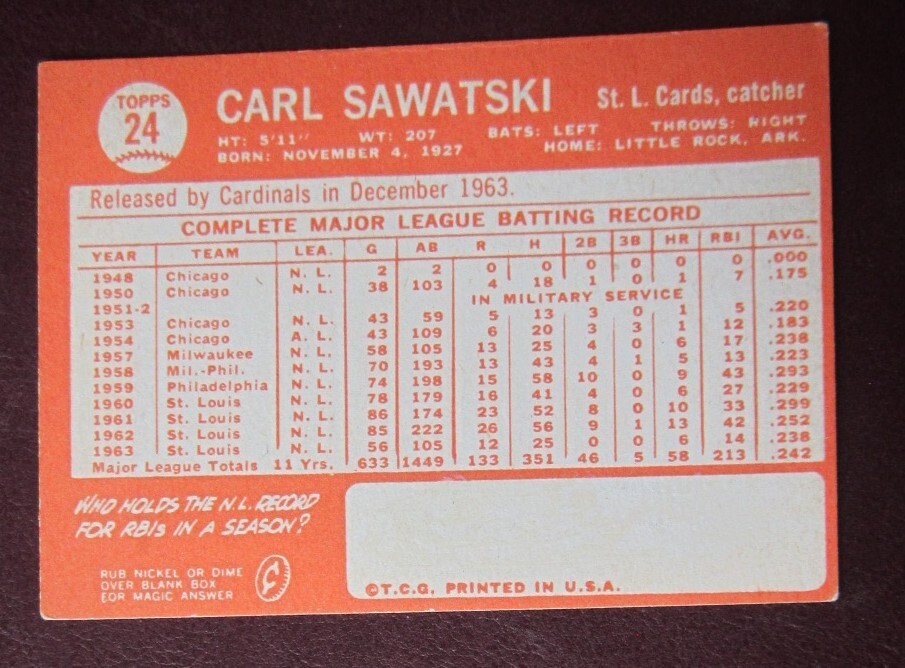 1964 Topps Carl Sawatski (St. Louis Cardinals) #24 VG/EX | eBay