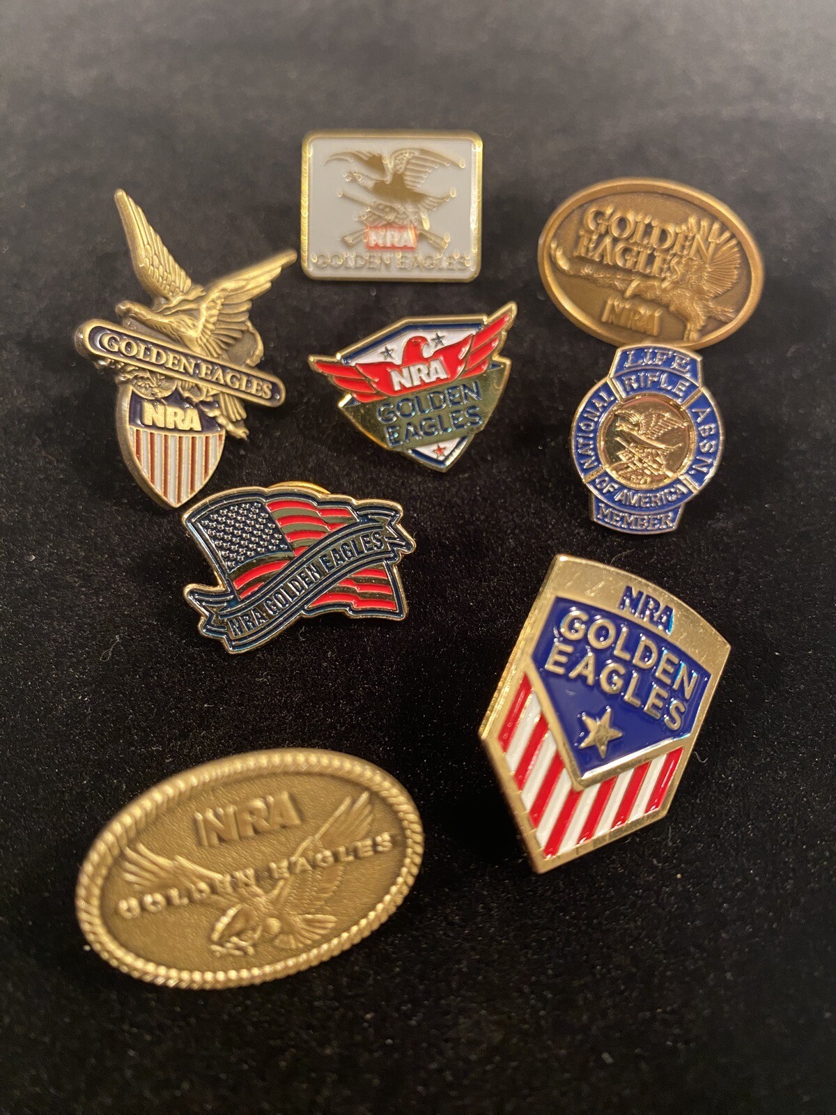 (8) NRA Golden Eagles & Other Hat Pins/Lapels. Life member. Good Backs ...