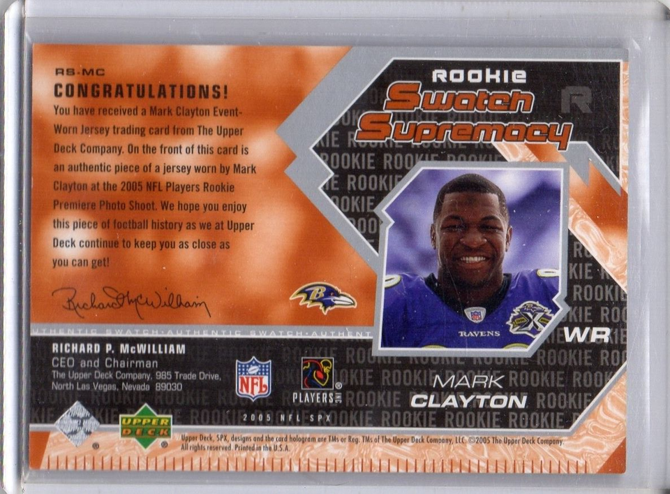 2005 UPPER DECK JERSEY CARD ROOKIE MARK CLAYTON RAVENS | eBay