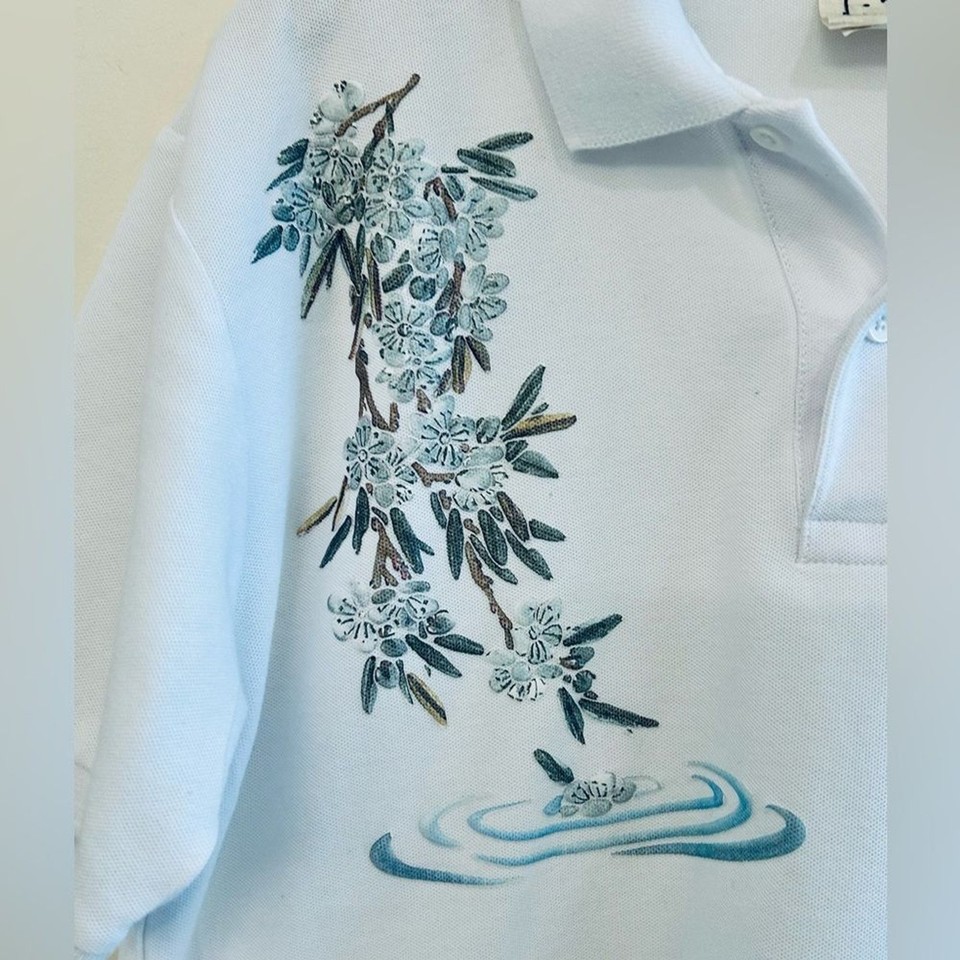 Japanese Patterned Men’s Polo Shirt, White with Tiger and Floral Design ...