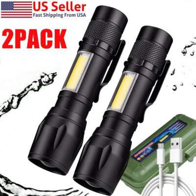 2 PACK LED Flashlight Rechargeable USB Tactical Torch Waterproof ...